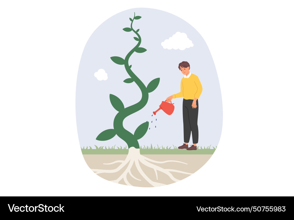 Man waters fantastic tree enjoying rapid growth Vector Image