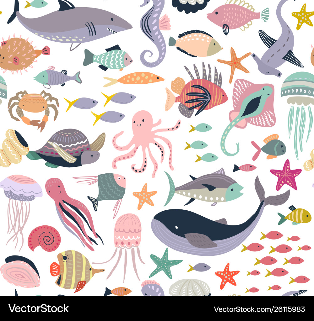 Seamless pattern with fish and sea animals Vector Image