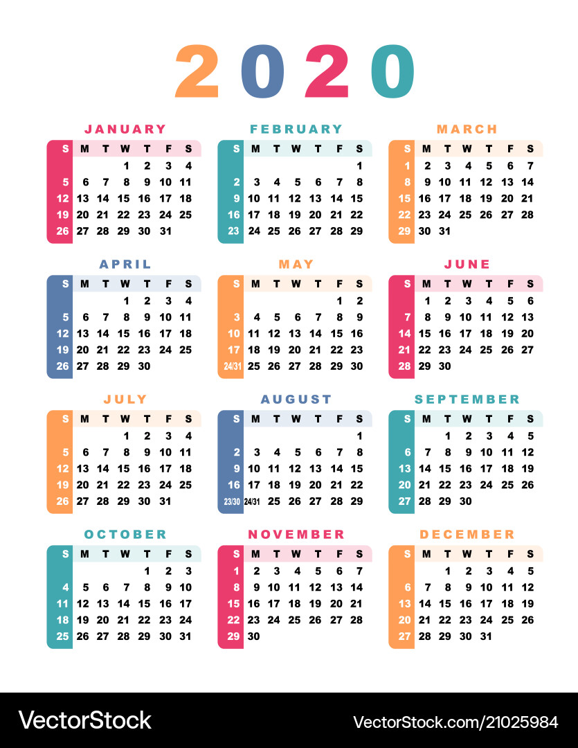 Calendar 2020 week starts with sunday Royalty Free Vector