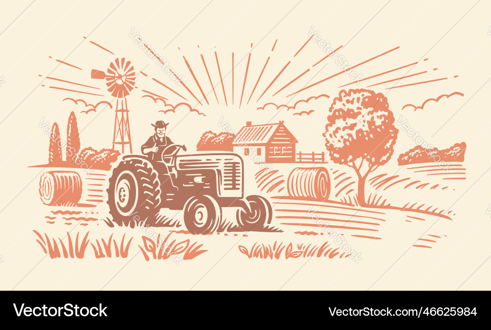 Farmer Driving Tractor on Rural Farm Royalty Free Vector