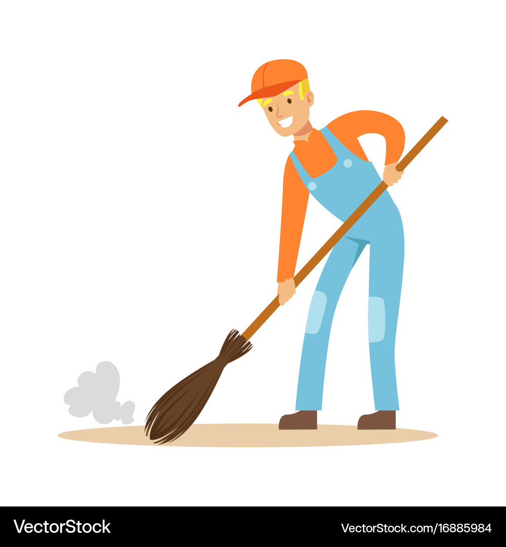 Smiling street sweeper at work cleaner Royalty Free Vector