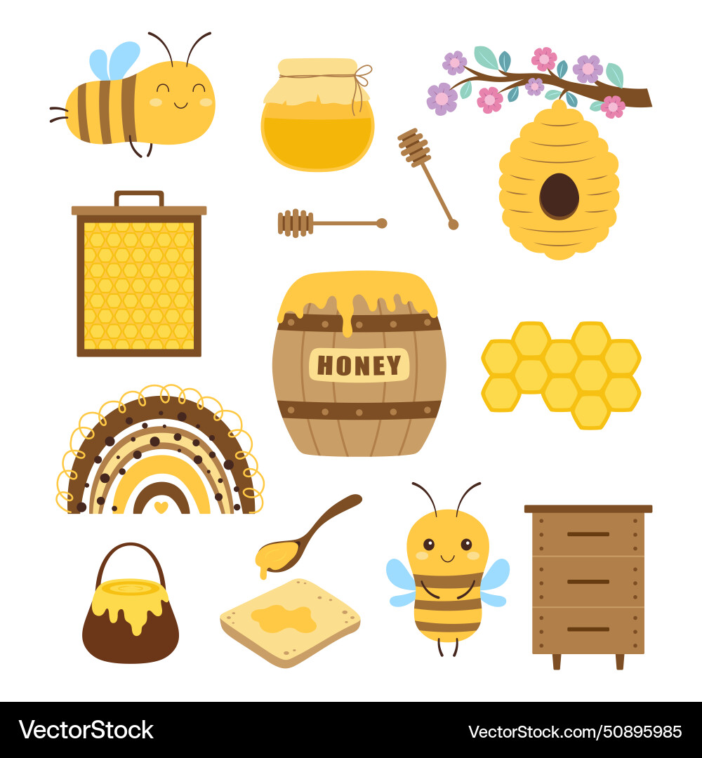 Cartoon set with bees and honey Royalty Free Vector Image