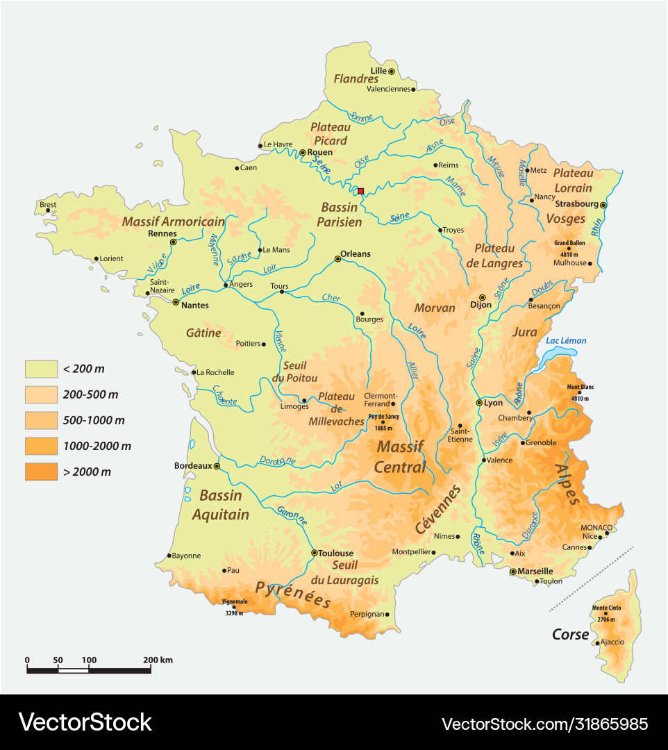 Detailed physical map french republic Royalty Free Vector