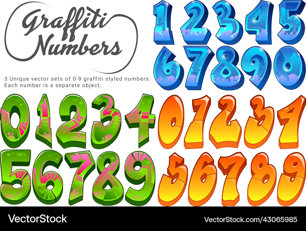 Graffiti numbers - 3 unique sets Royalty Free Vector Image
