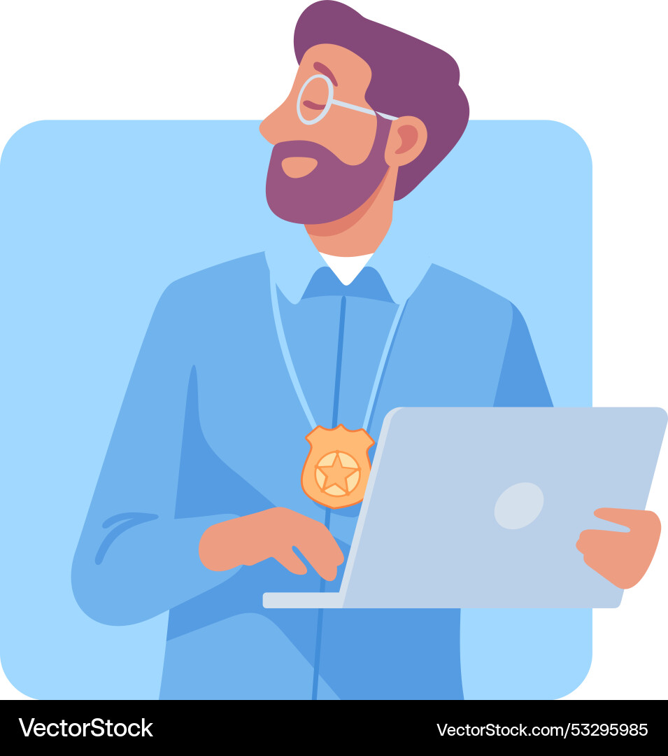 Inspecting detective man character with laptop Vector Image