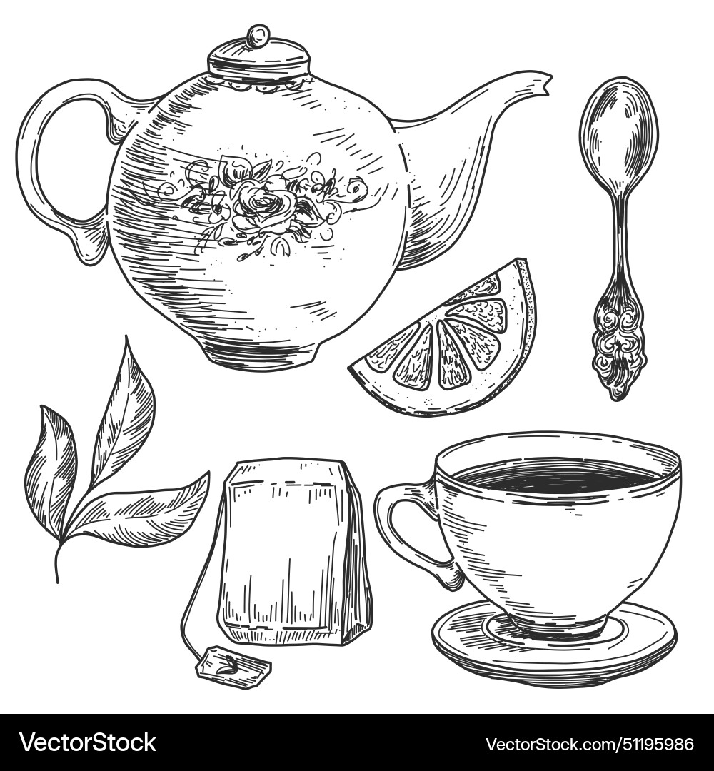 Hand drawn tea set pot with cup spoon lemon Vector Image