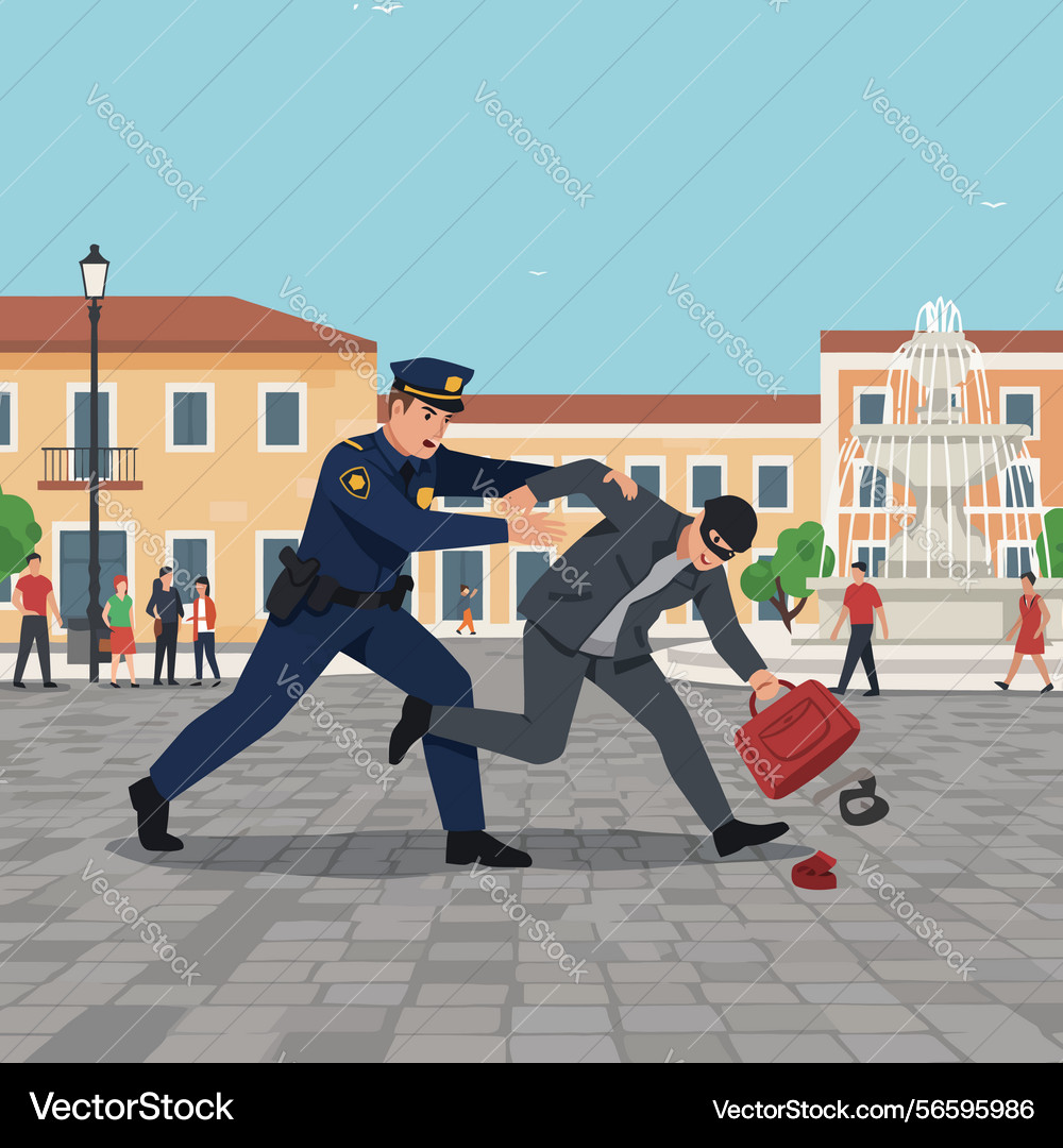 Police officer chasing running thief with stolen Vector Image