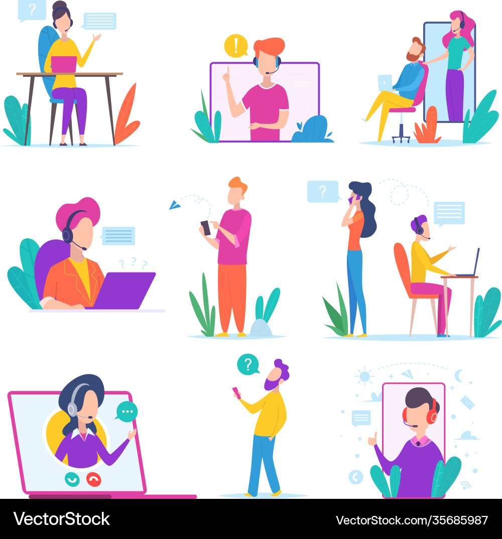 Customer Support Agents with Headphones Royalty Free Vector