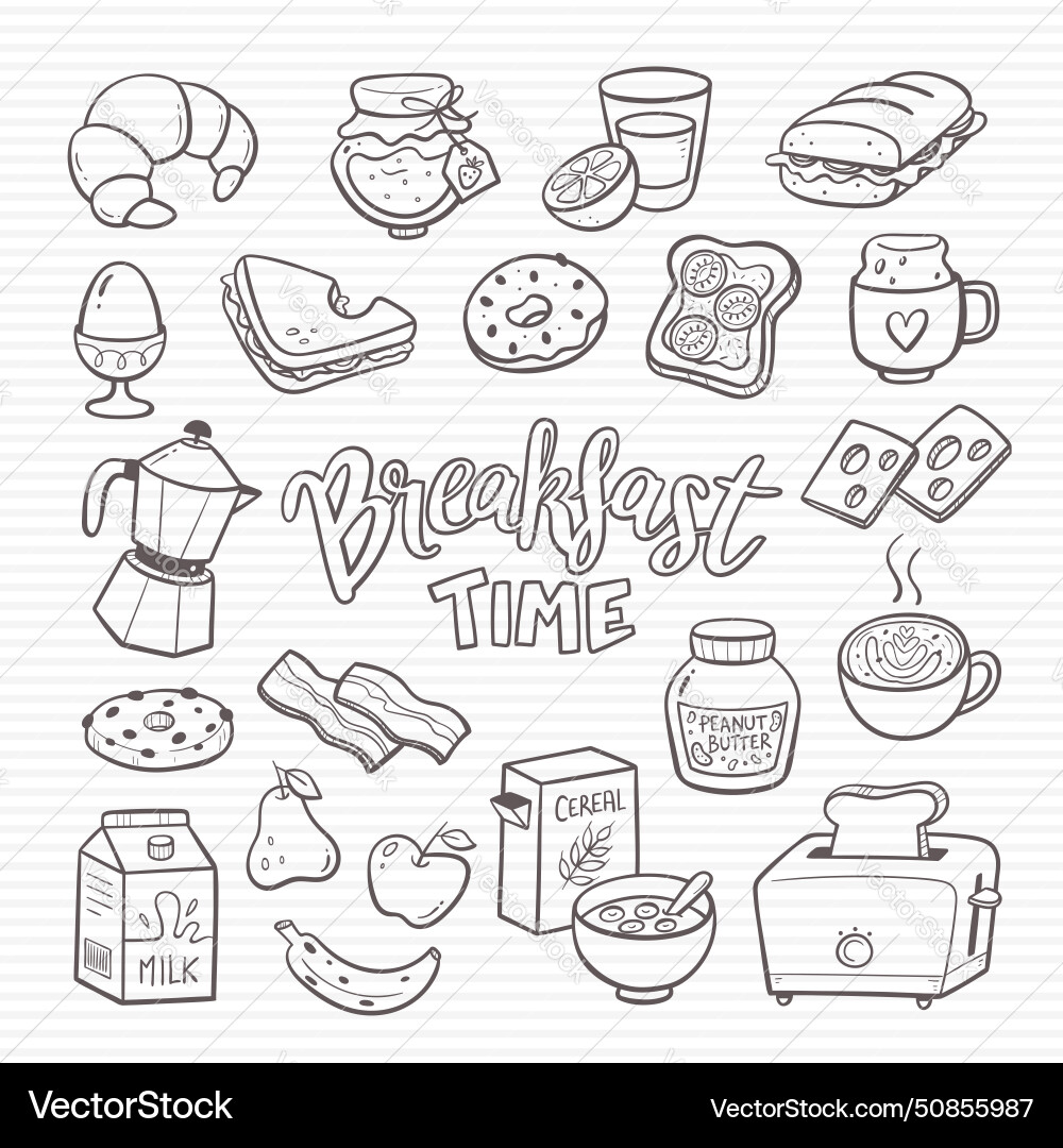 Hand-drawn breakfast doodle set Royalty Free Vector Image