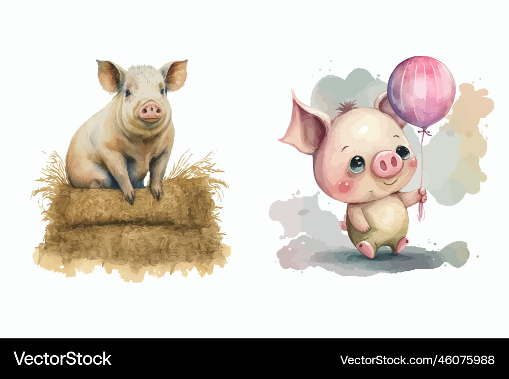 A pig sits on haystack with balloon Royalty Free Vector