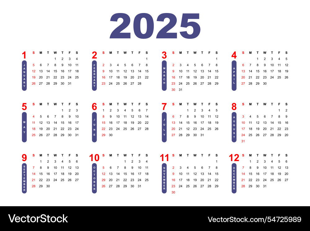 Calendar 2025 2026 week start sunday Royalty Free Vector