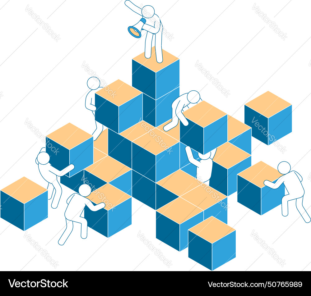 Isometric team collaboration on blue block Vector Image