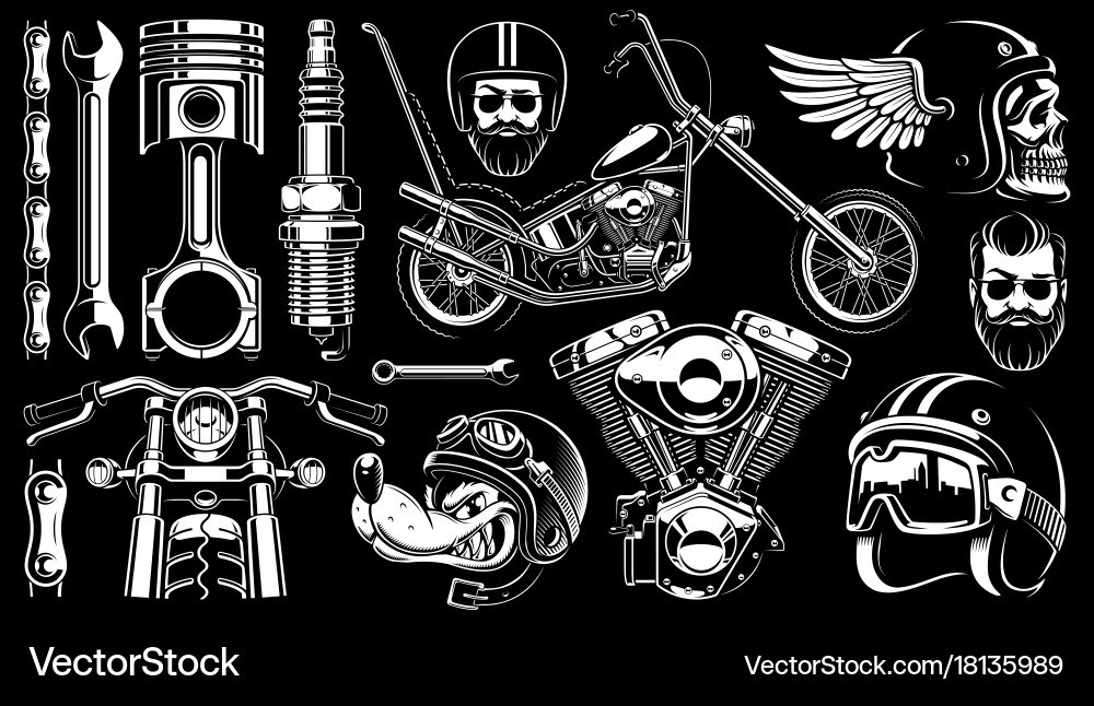 Motorcycle Elements Set - Dark Background Vector Image