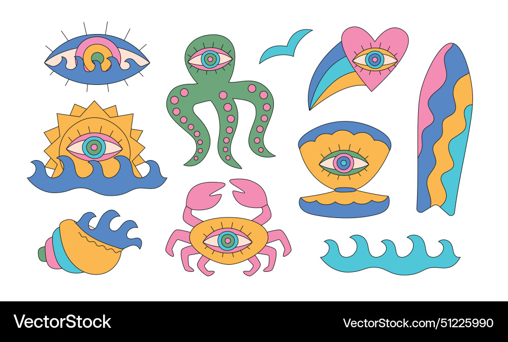 Summer groovy abstract surf waves shell crab Vector Image