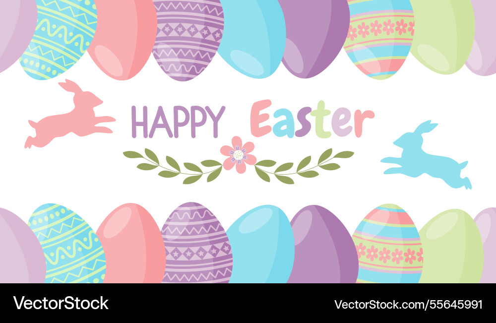 Spring holiday easter eggs and cute rabbits border