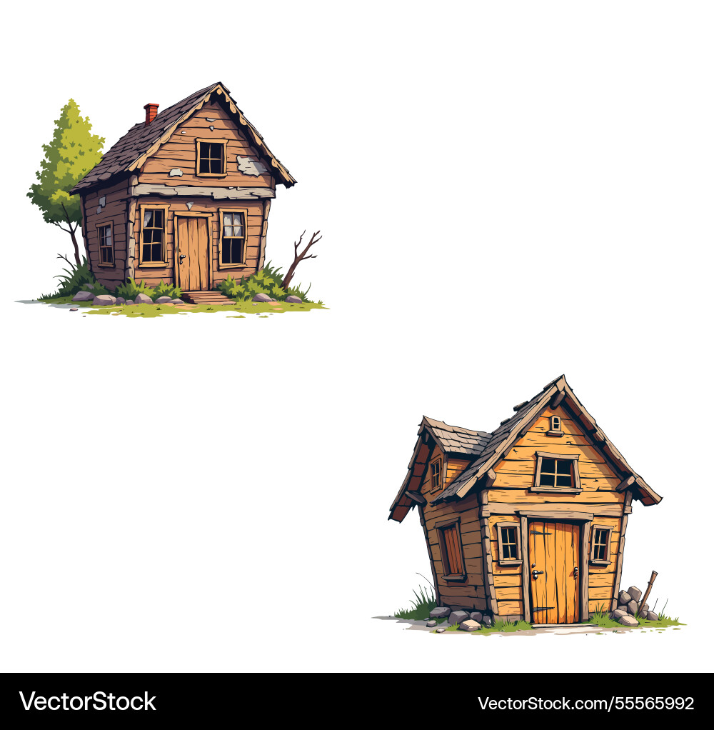 Ai-generated two derelict wooden cabins crumbling Vector Image