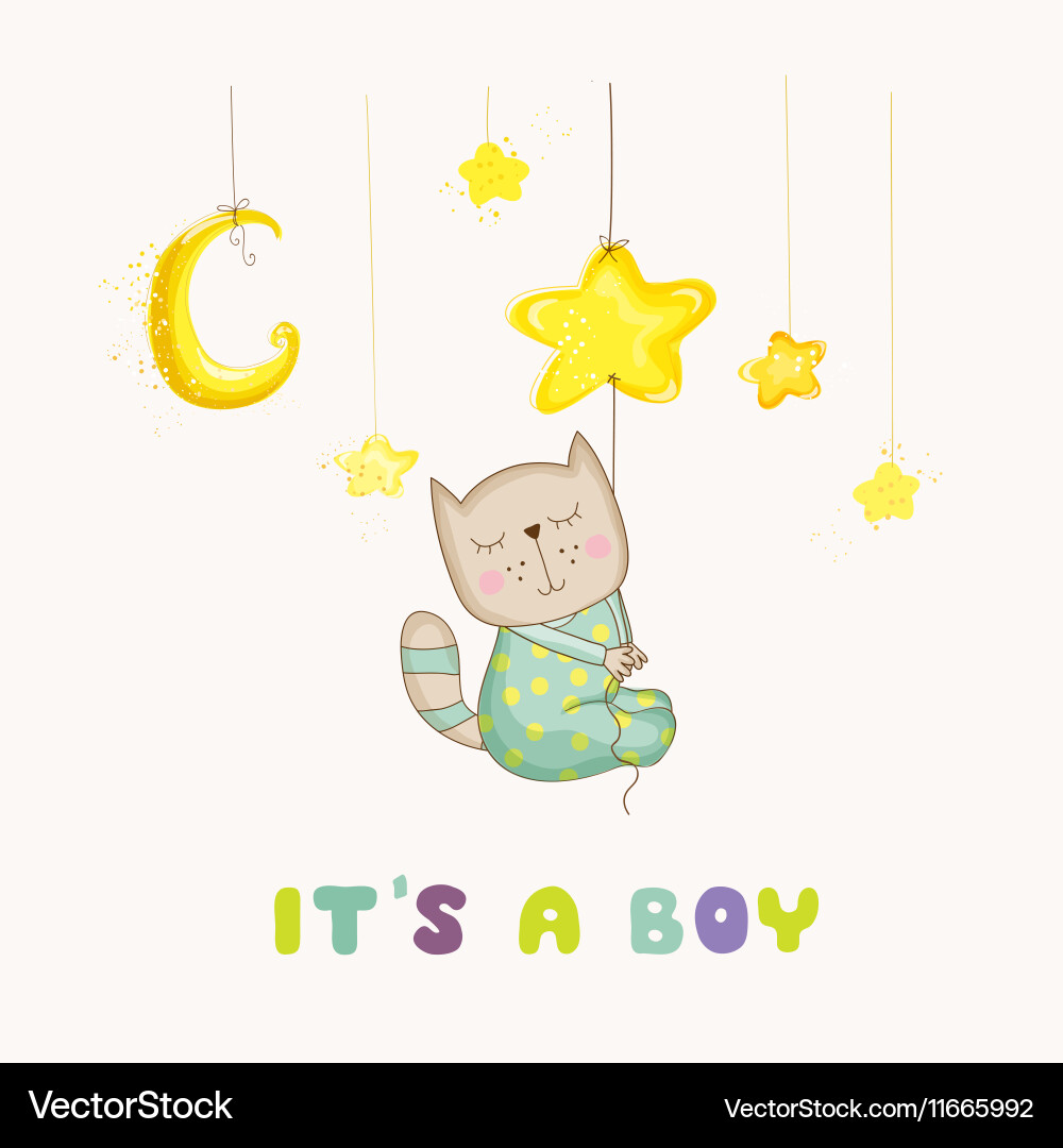 Baby cat sleeping on a star - shower card Vector Image