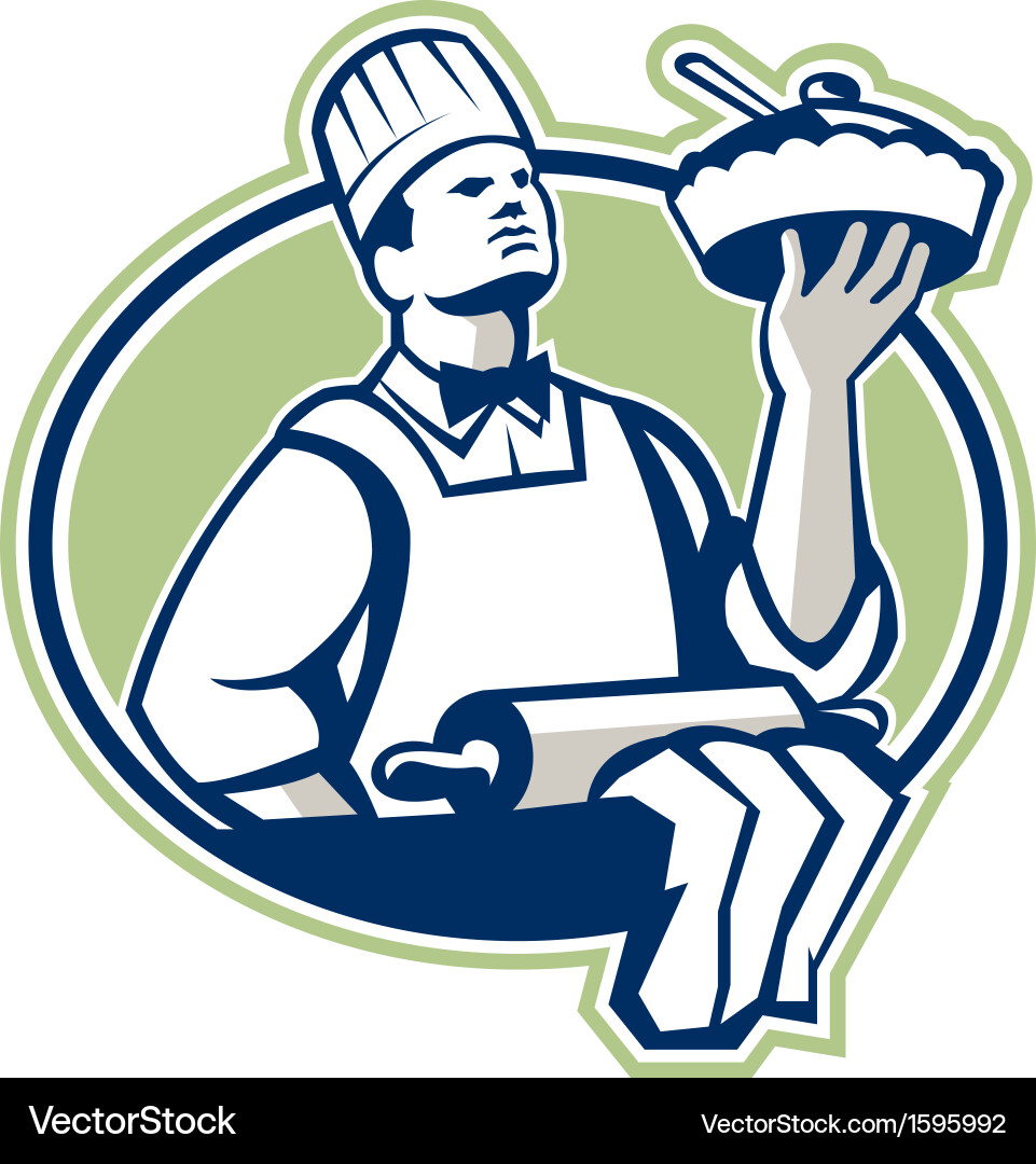 Baker chef cook serving pie retro Royalty Free Vector Image