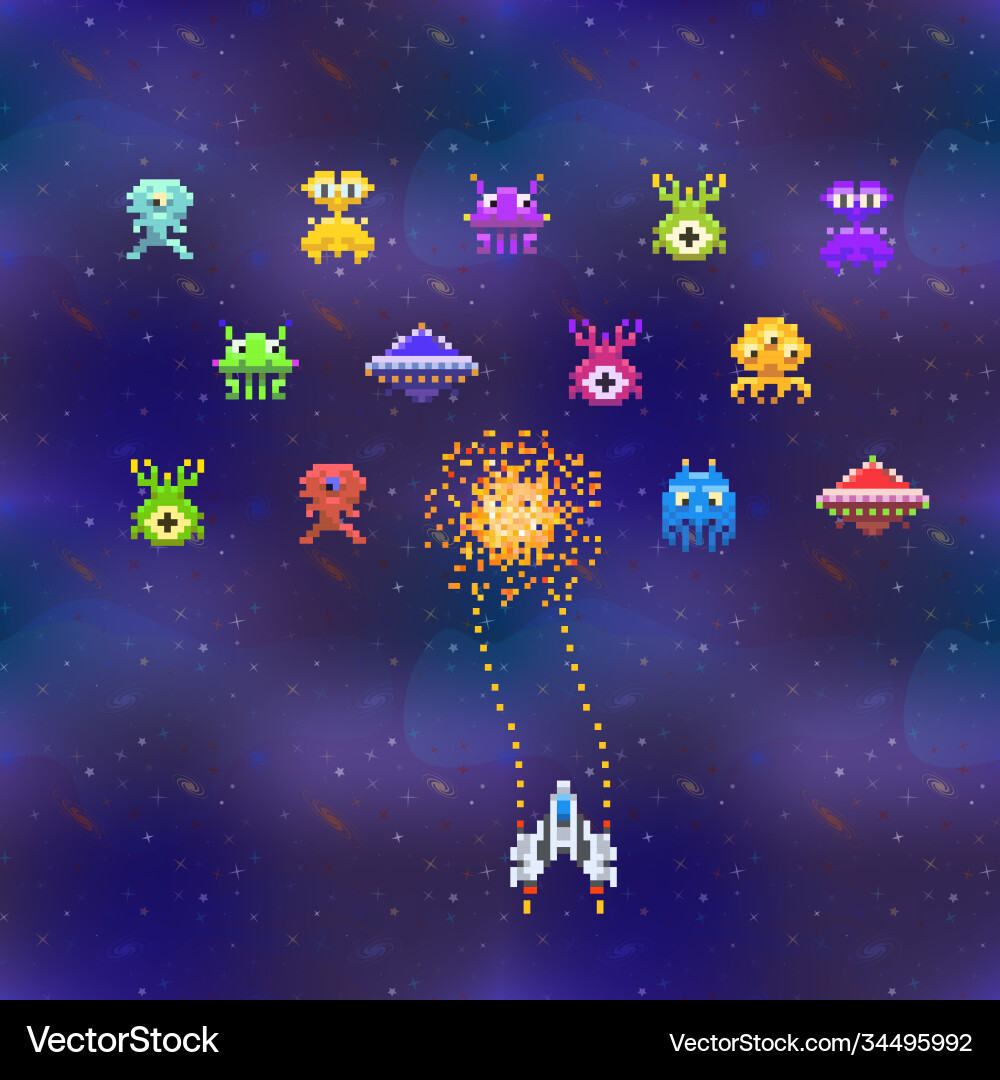 Cute space invaders in pixel art style on deep Vector Image