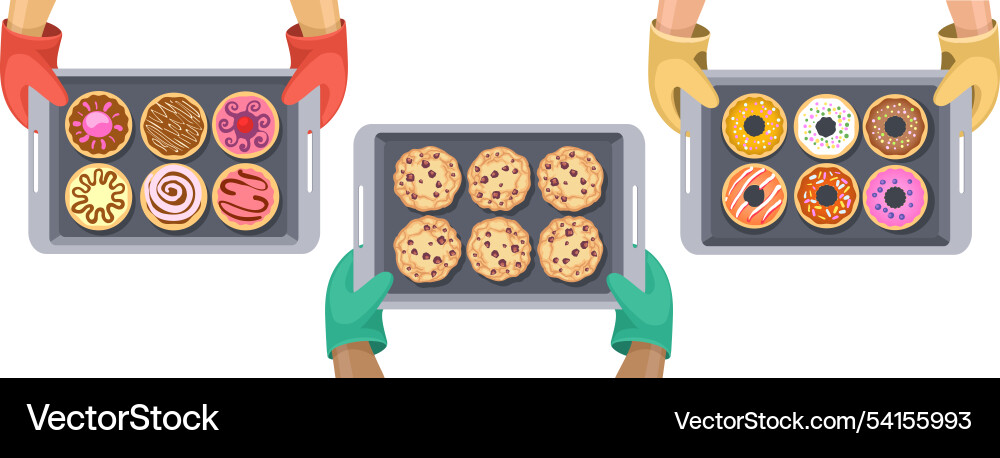 Baking trays in oven mitten hands Royalty Free Vector Image
