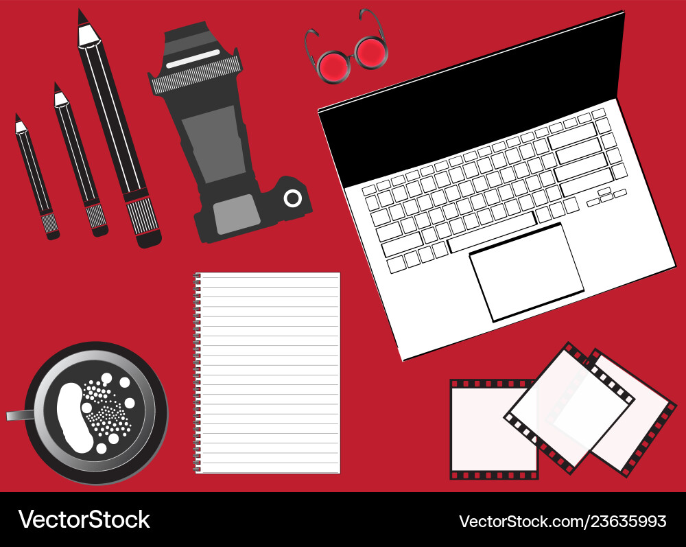 Notebook pencil camera on a red Royalty Free Vector Image