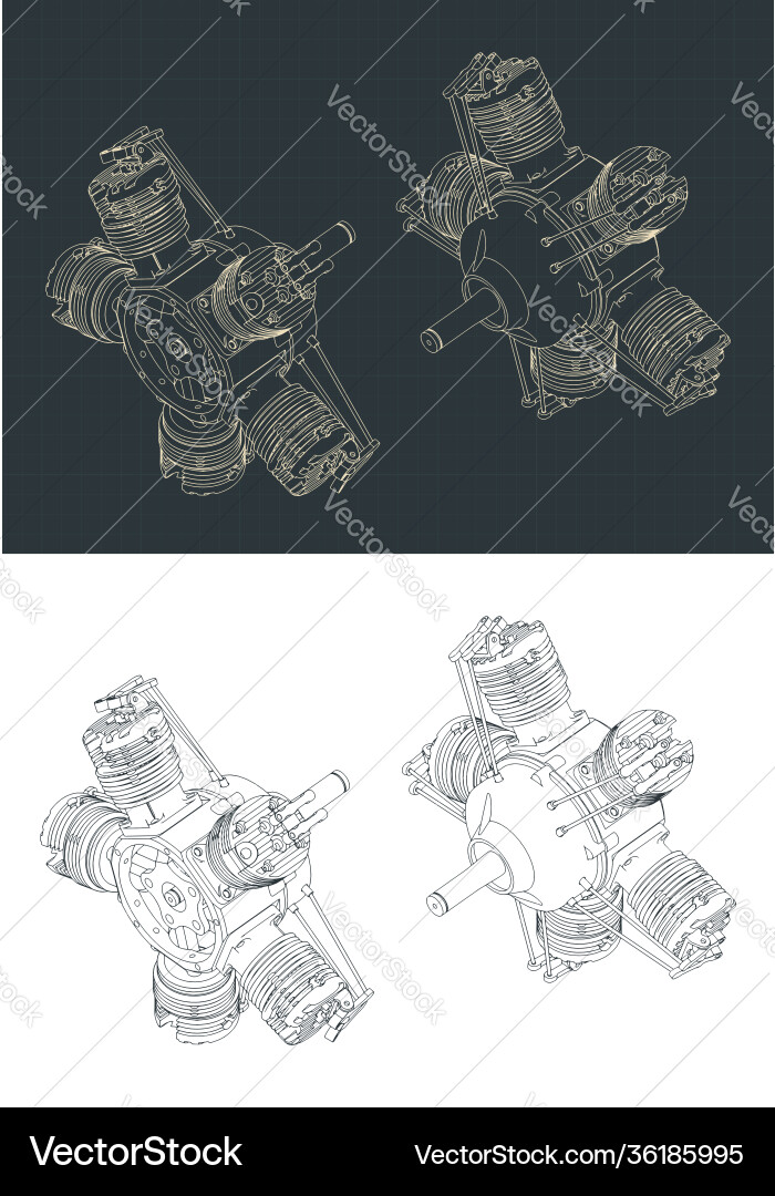Radial engine isometric drawings Royalty Free Vector Image