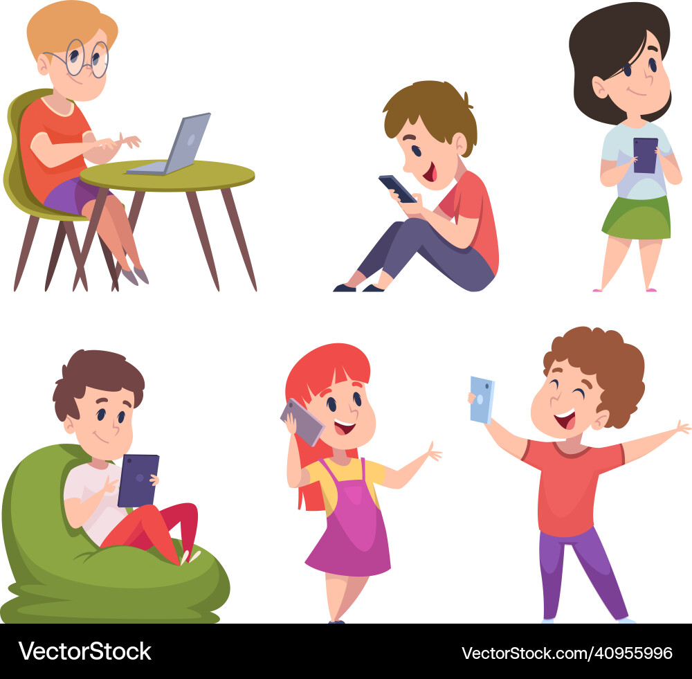 Happy Kids Using Tablets & Smartphones Vector Image