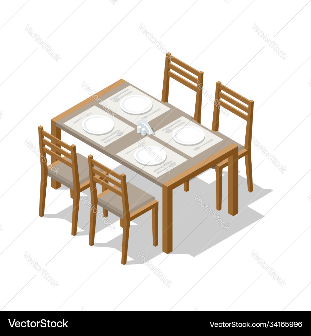 Isometric dining wooden table with four chairs Vector Image