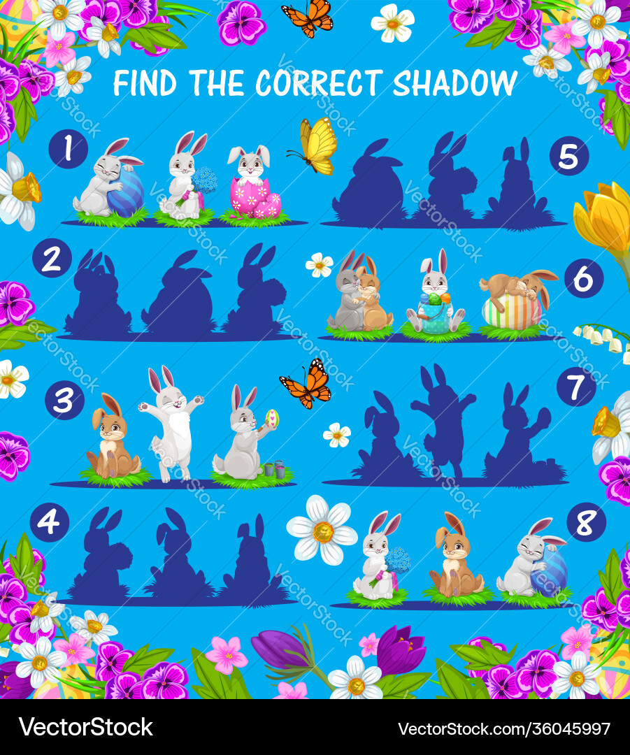 Kids game match shadows easter bunnies eggs Vector Image