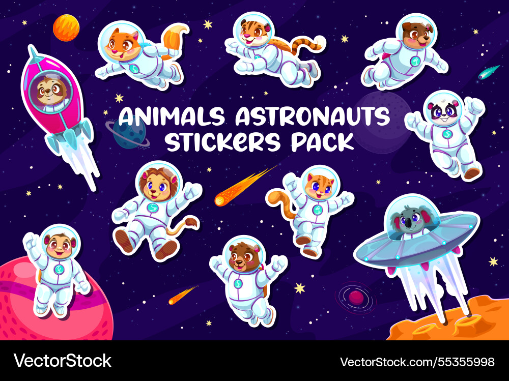 Cartoon animal astronauts in space stickers pack Vector Image
