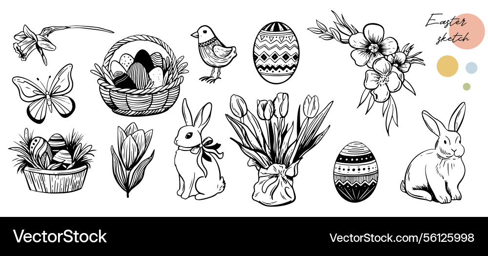 Happy easter doodle set bunny butterfly Royalty Free Vector