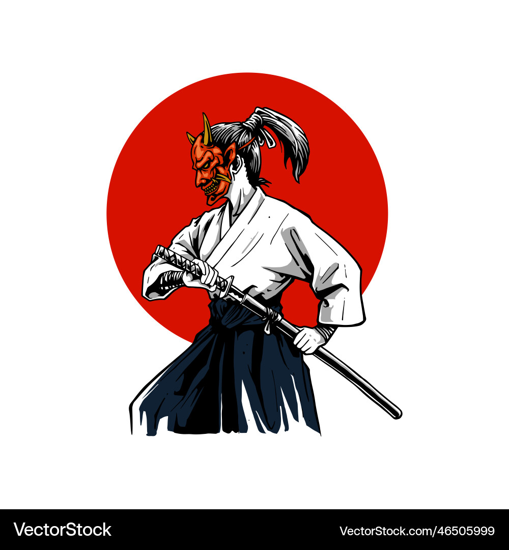 Samurai with oni mask Royalty Free Vector Image