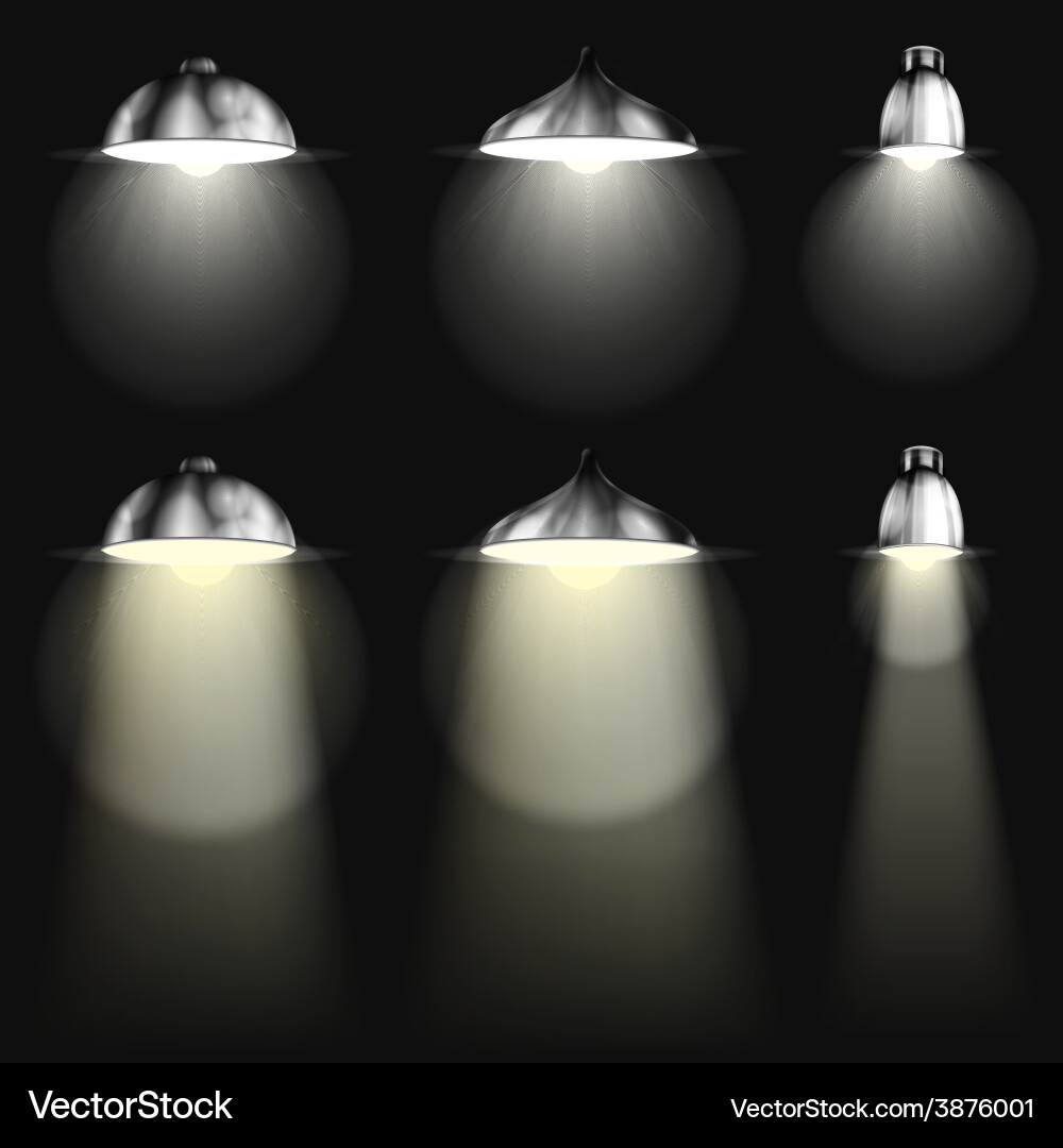 Three types of spotlights with beams Royalty Free Vector