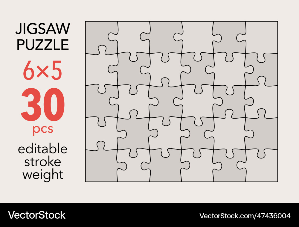 Empty jigsaw puzzle grid template 6x5 shapes 30 Vector Image