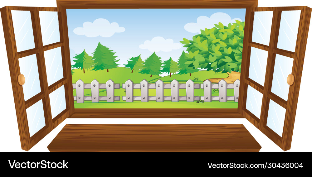 Window scene with green grass and field Royalty Free Vector