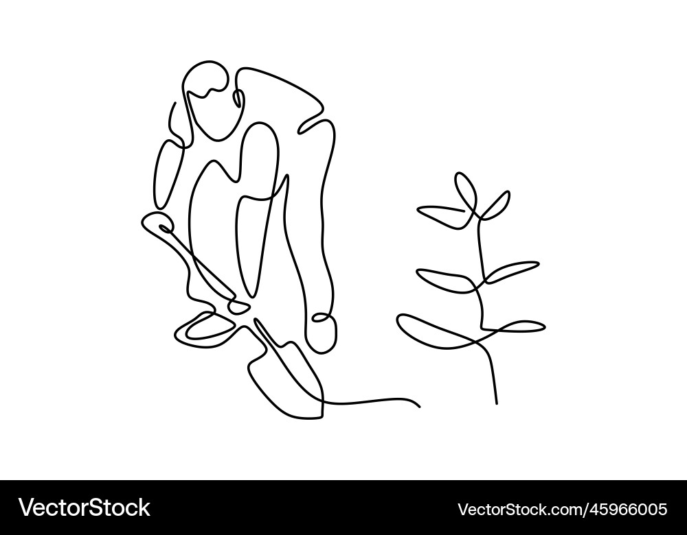 Single continuous line drawing young man digging Vector Image
