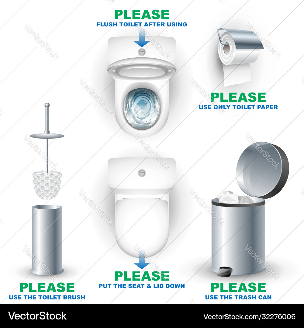 Toilet closet bathroom rules use do set Royalty Free Vector