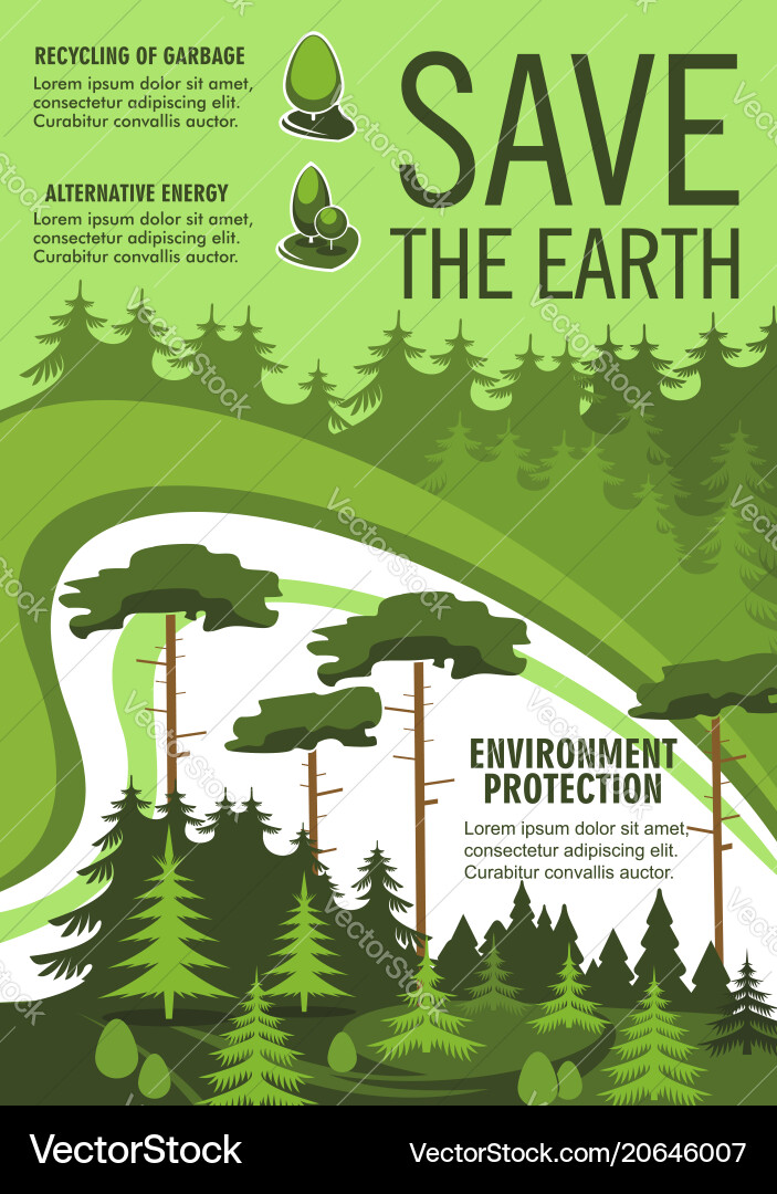 Save earth poster with green nature ecology tree Vector Image