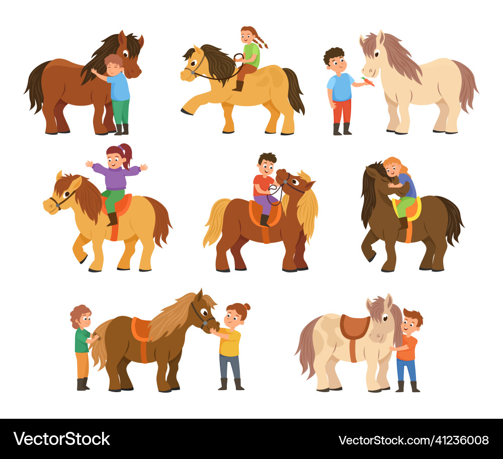 Kids riding horses set Royalty Free Vector Image
