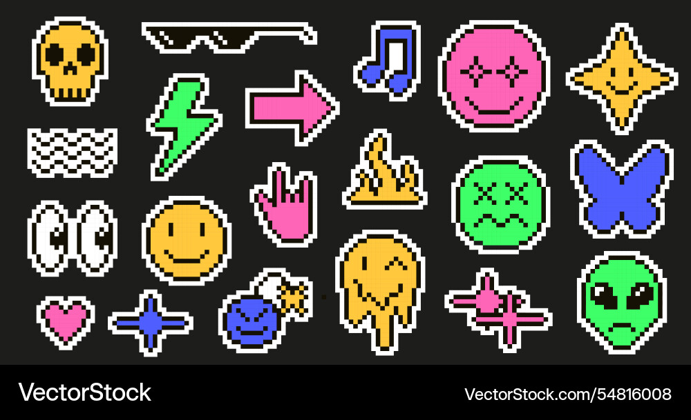 Pixel art emoji stickers retro pixelated 8 bit Vector Image