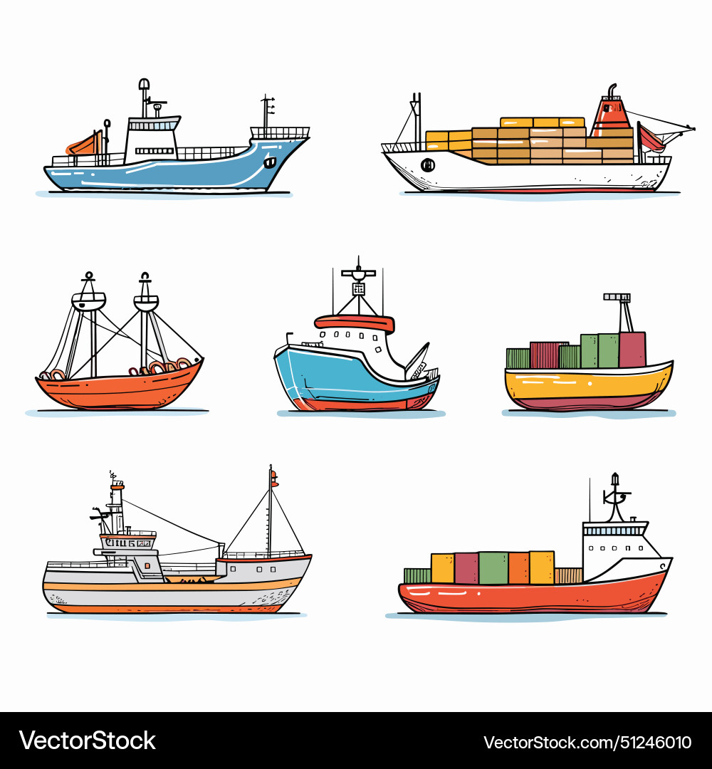 Collection colorful ship showcasing Royalty Free Vector
