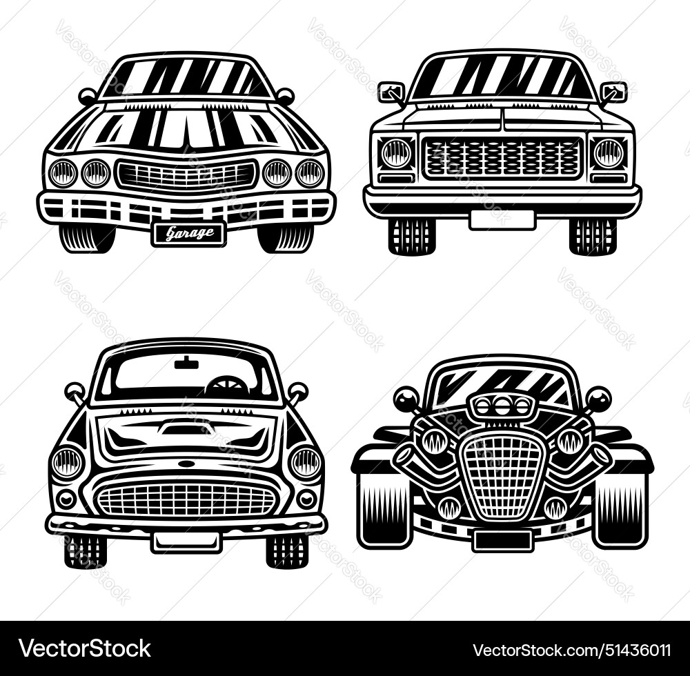 Retro cars front view objects in monochrome Vector Image