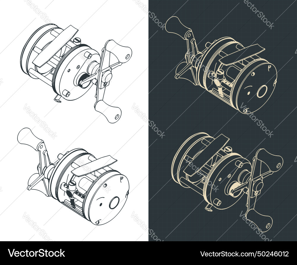 Fishing reel isometric drawings Royalty Free Vector Image