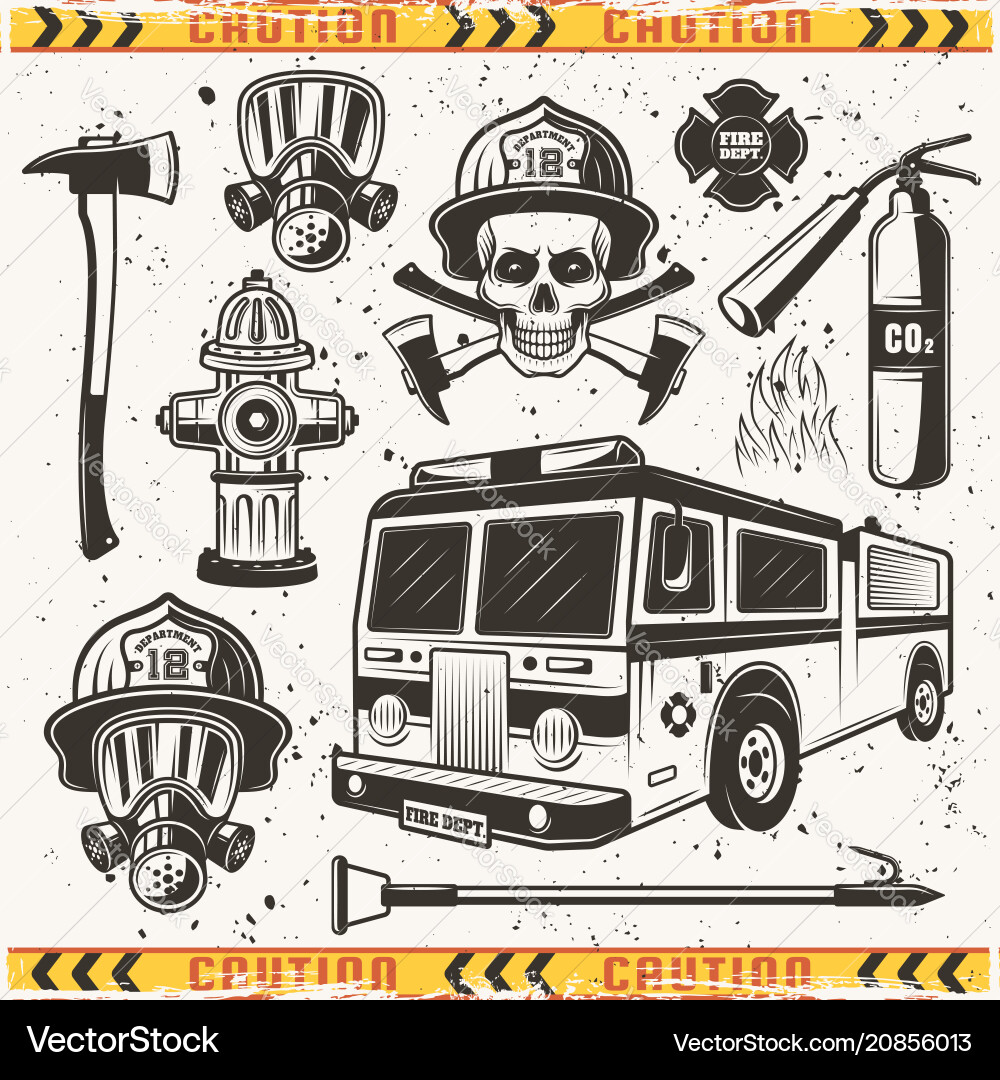 Firefighters equipment set of objects Royalty Free Vector
