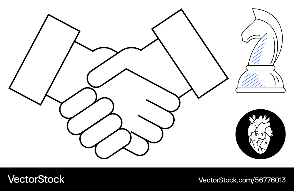 Handshake with chess knight and heart Royalty Free Vector