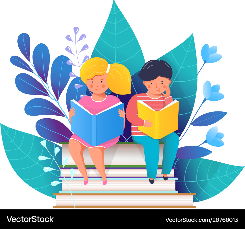 Little kids reading books flat Royalty Free Vector Image