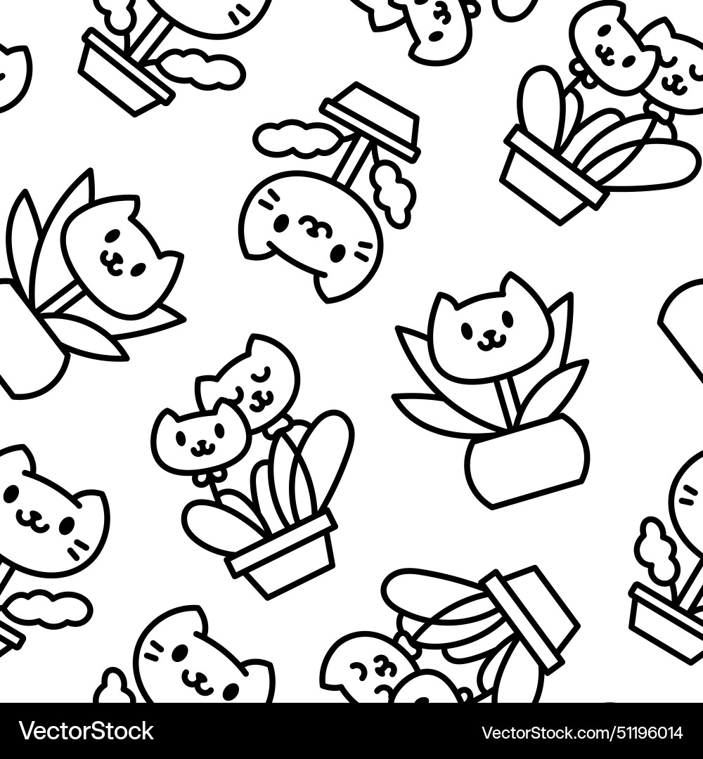 Flower cat seamless pattern coloring page Vector Image