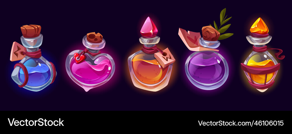 Potion bottles with magic elixir cartoon flasks Vector Image