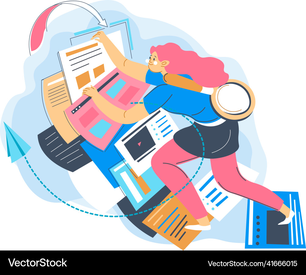 Woman looking for information papers and info Vector Image