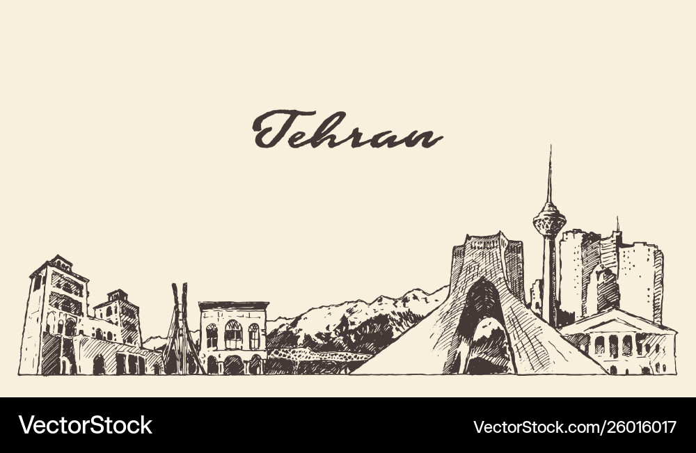 Tehran skyline iran drawn linear art sketch Vector Image